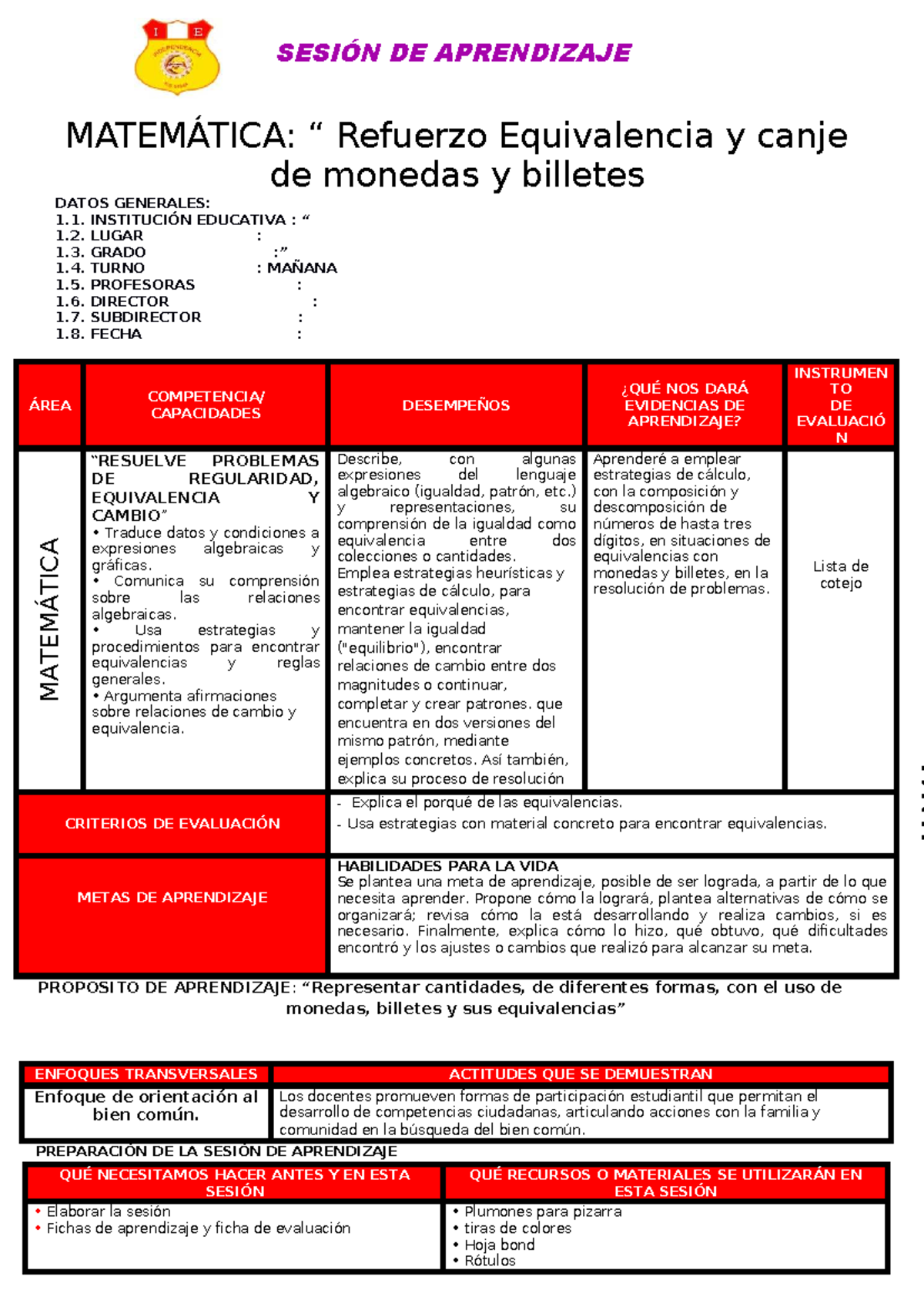 SESION DE APRENDIZAJE MATEMÁTICA: Equivalencia y Canje de Monedas y ...