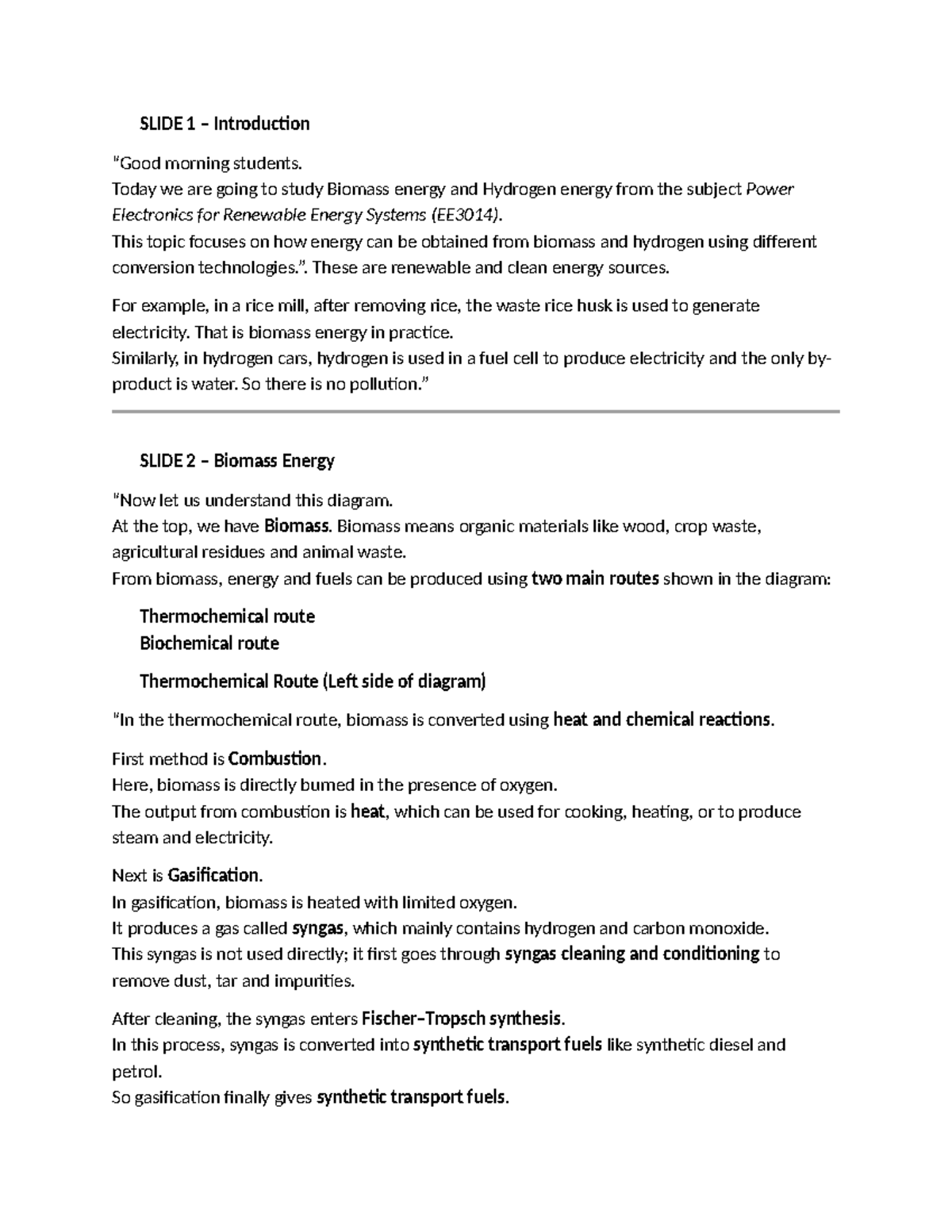 EE3014 Lecture Notes: Biomass and Hydrogen Energy in Renewable Systems ...