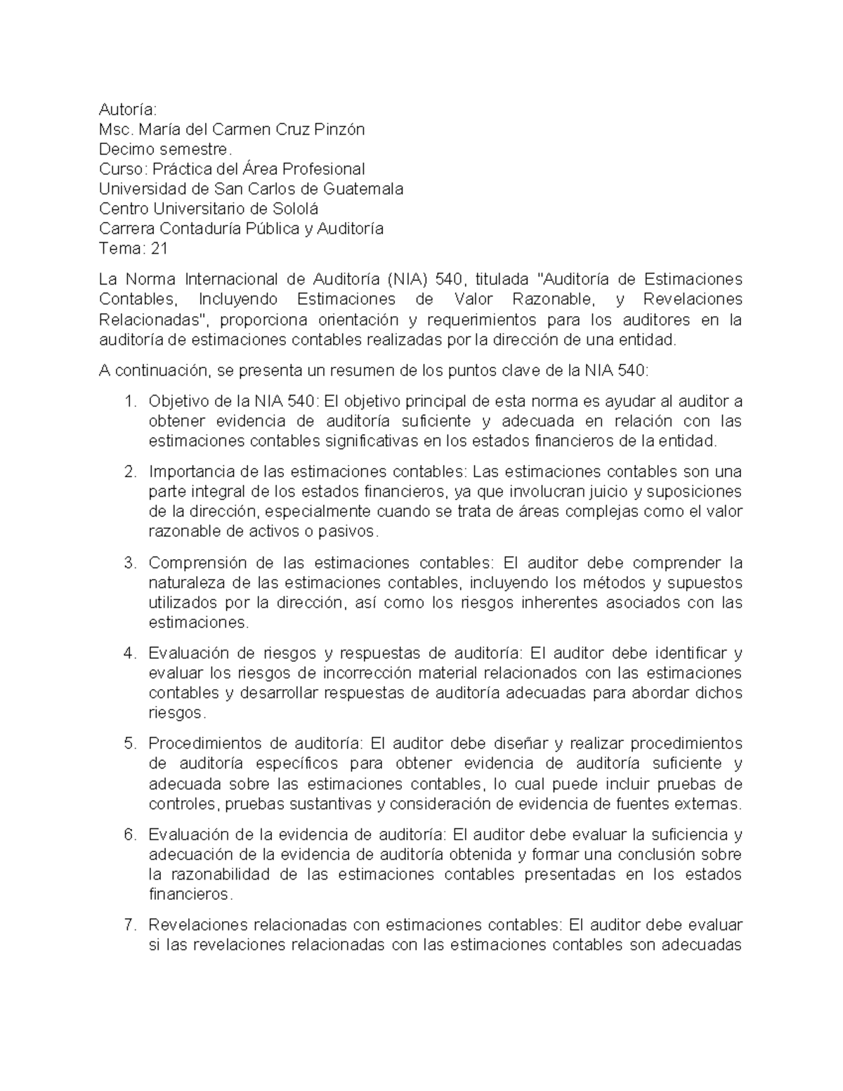 Resumen NIA 540 - Auditoría de Estimaciones Contables - Studocu