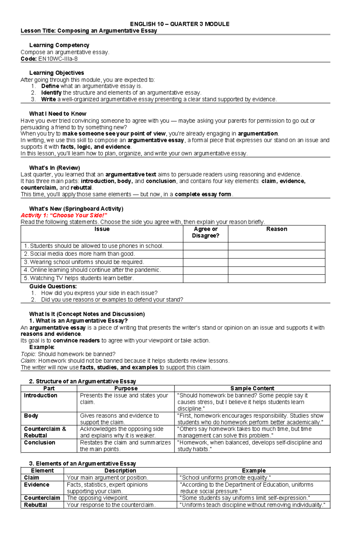 ENGLISH 10 Q3 MODULE: Composing an Argumentative Essay Guide - Studocu