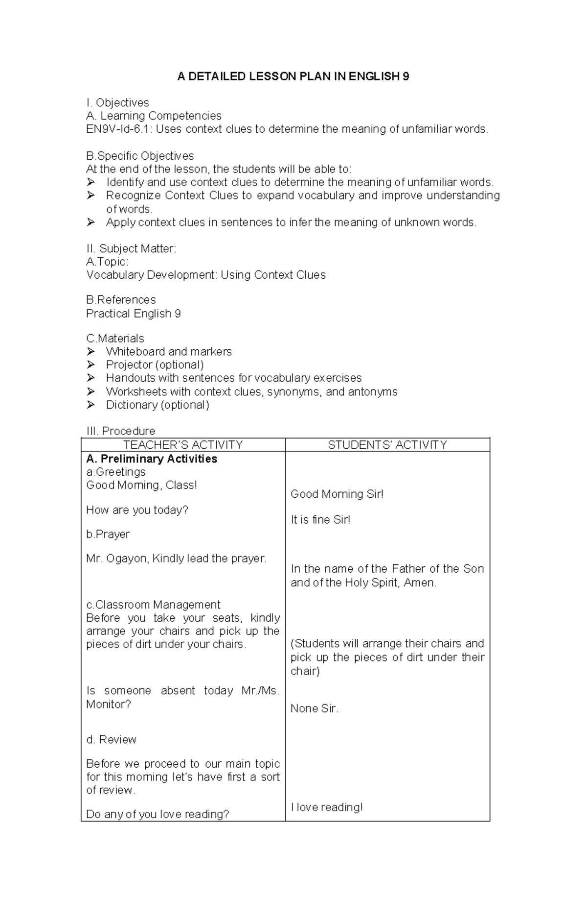 A Detailed Lesson PLAN IN English 9 - A DETAILED LESSON PLAN IN ENGLISH ...