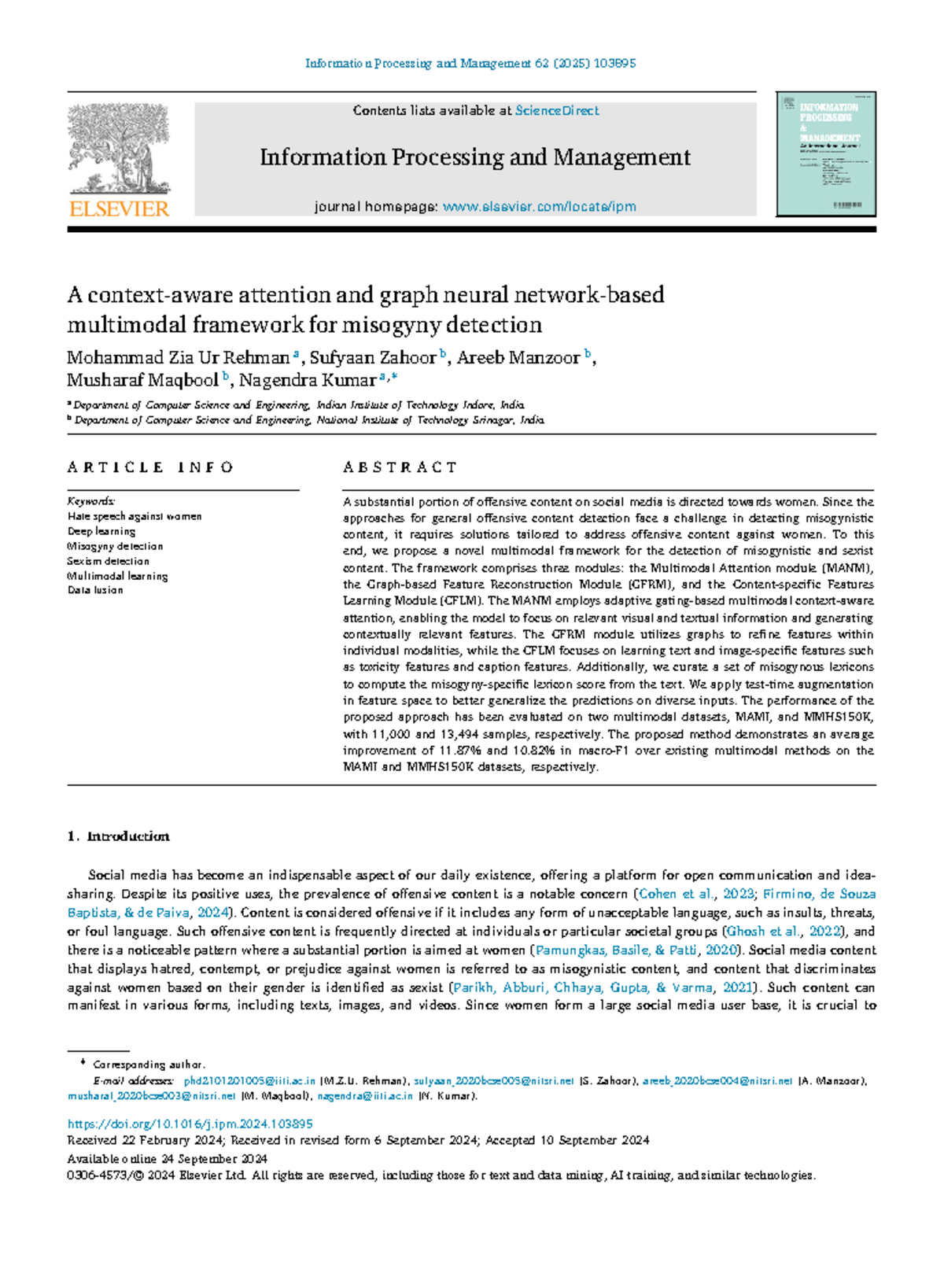 A context-aware attention and graph neural network-based multimodal framework for misogyny ...