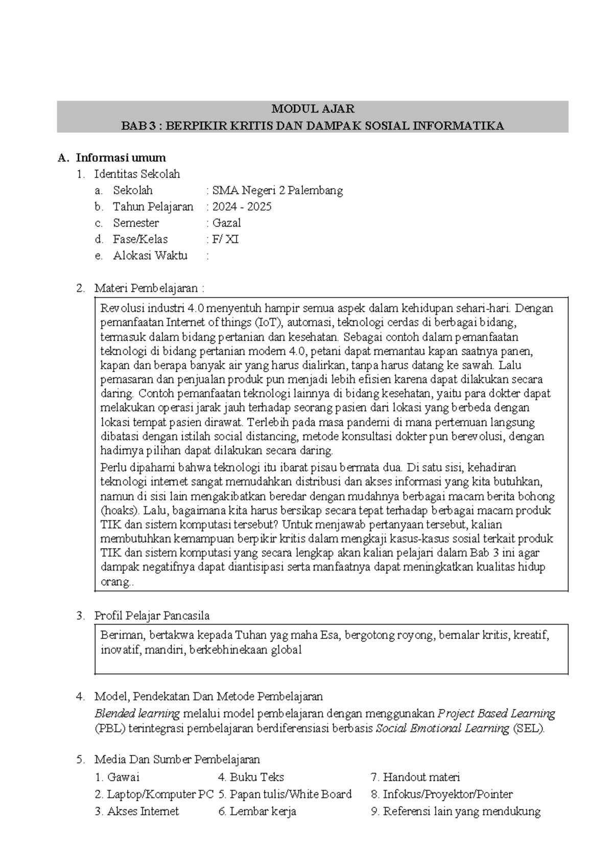 Modul Ajar Kelas XI F: Berpikir Kritis & Dampak Sosial Informatika - Studocu