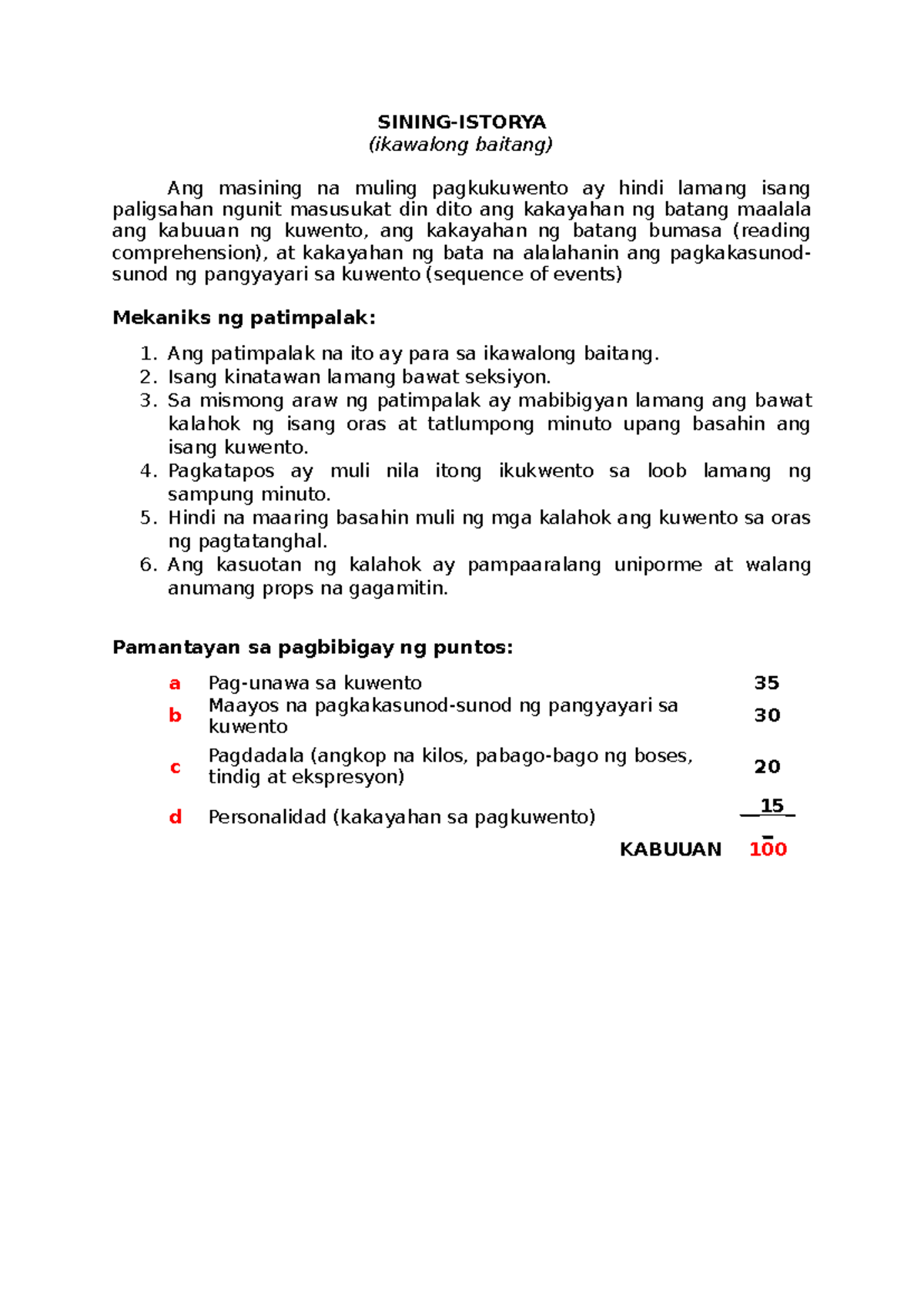 Masining na Muling Pagkukwento Patimpalak - G8 - Studocu