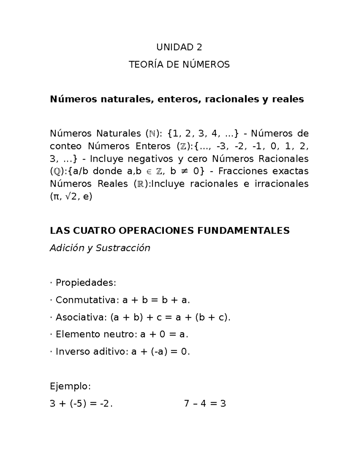 Unidad 2: Teoría de Números y Operaciones Básicas - Algebra 100925 ...