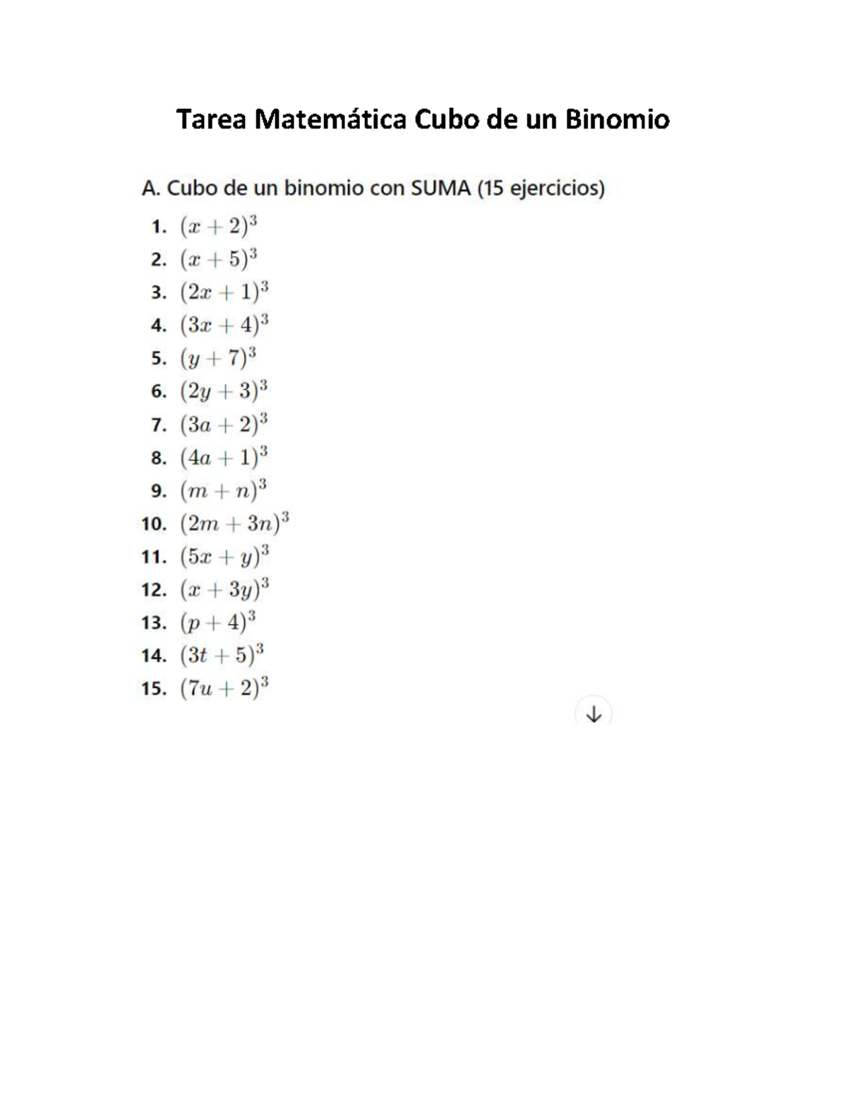 Tarea Matemática: Ejercicios del Cubo de un Binomio (15) - Studocu