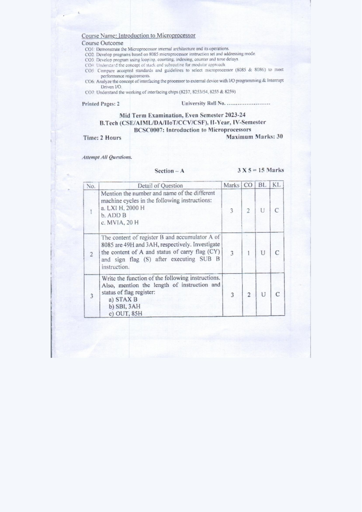 Midterm Exam: B.Tech M3 - Introduction to Microprocessors (8085) - Studocu