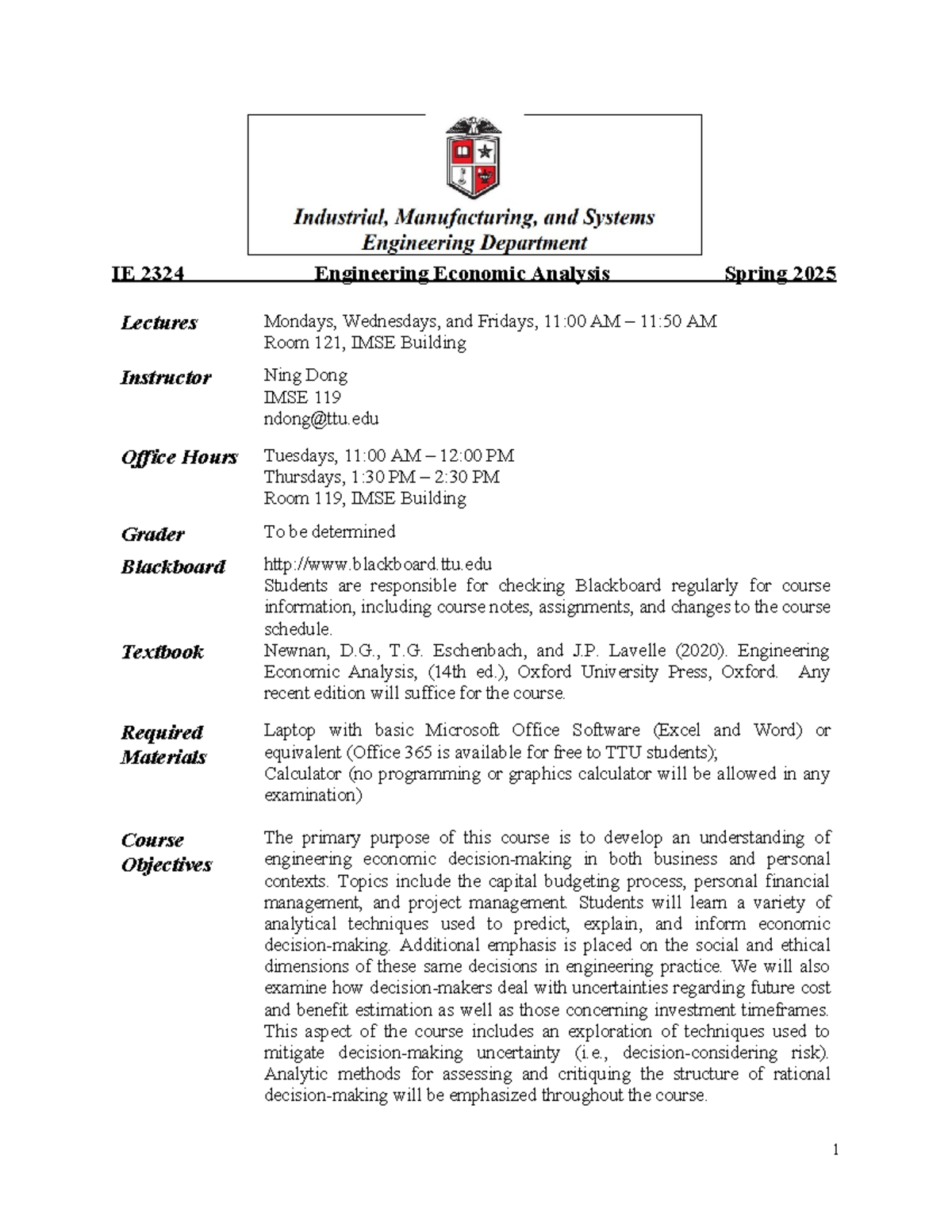 2025 Spring IE 2324-001 Syllabus - Ning - IE 2324 Engineering Economic Analysis Spring 2025 ...