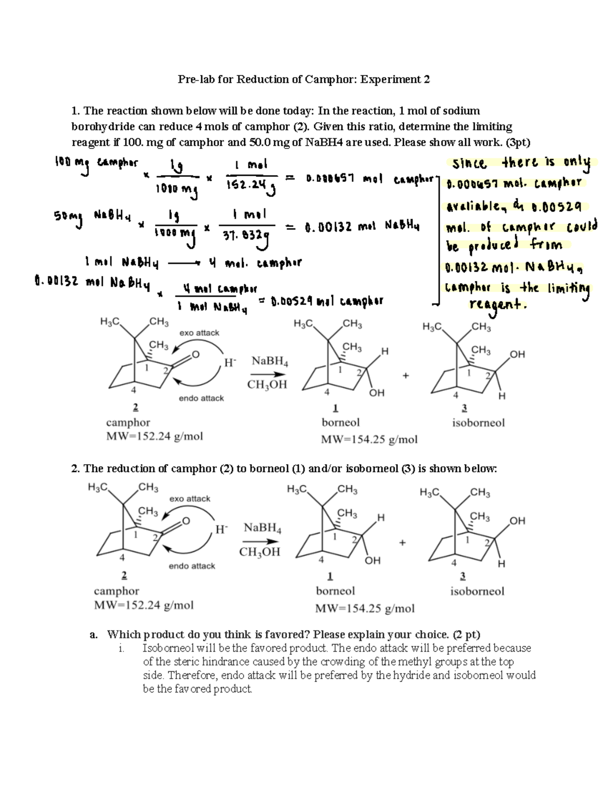 CHEM 344 Pre-lab Reduction, Ryli Bulla 2 - Pre-lab for Reduction of ...
