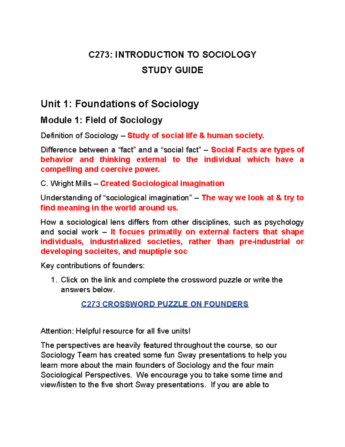 C273 Sociology Study Guide: Foundations to Social Change Concepts - Studocu