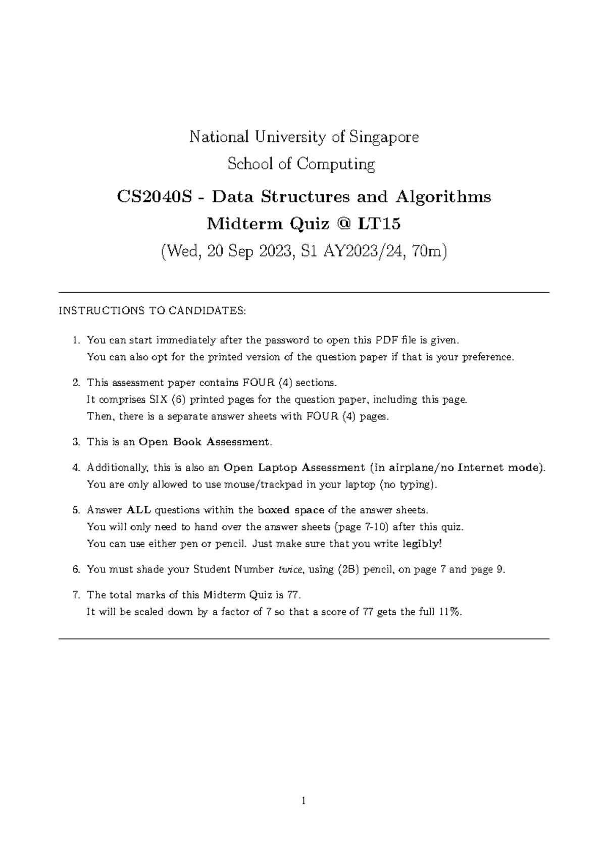 CS2040S Data Structures & Algorithms Midterm Quiz Paper 2023 - Studocu