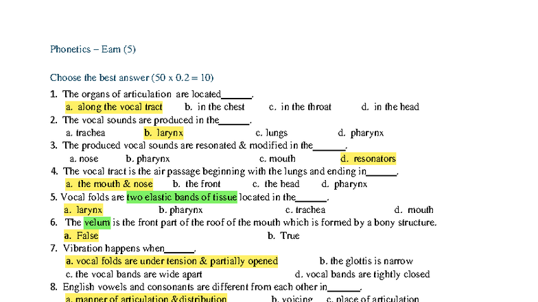 Phonetics Exam (5) - Multiple Choice Questions and Answers - Studocu