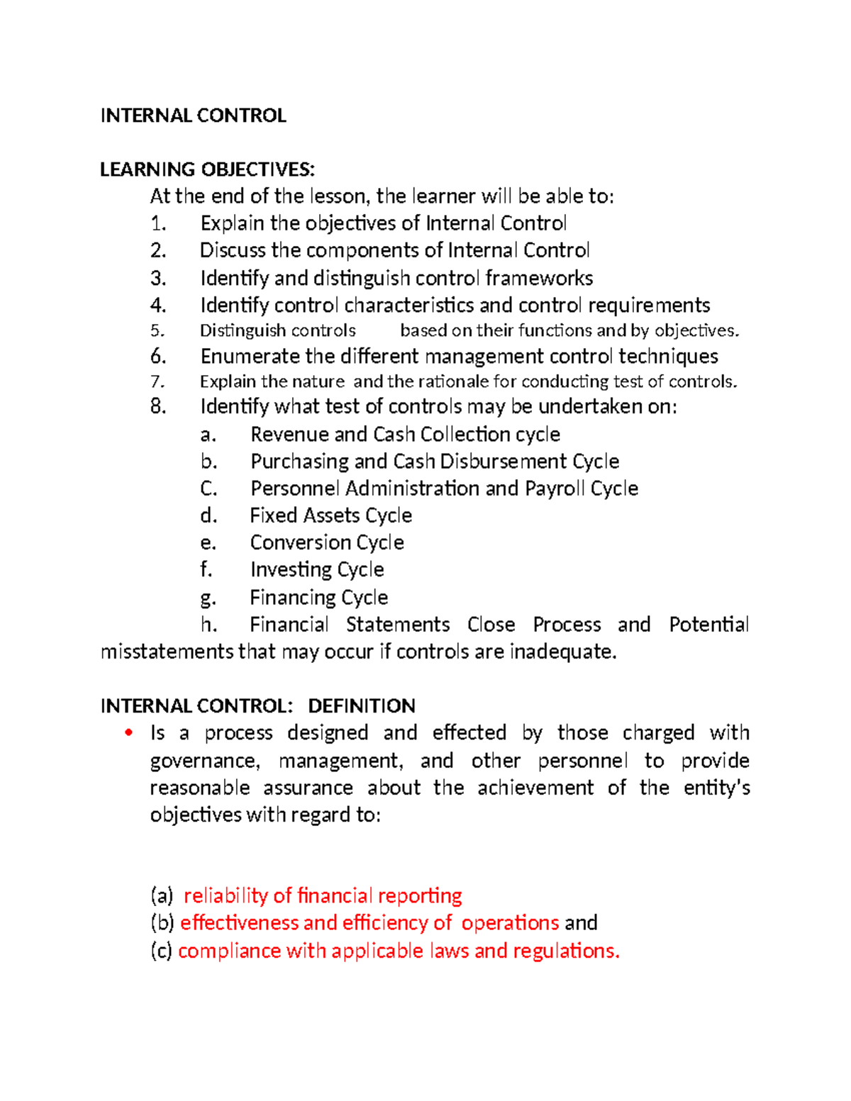 INTERNAL CONTROL LESSON OBJECTIVES: Key Components & Frameworks - Studocu
