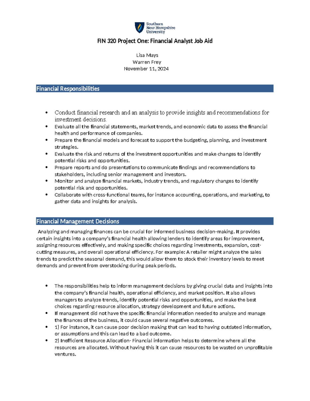 Finance 3 - project 3 - FIN 320 Project One: Financial Analyst Job Aid ...