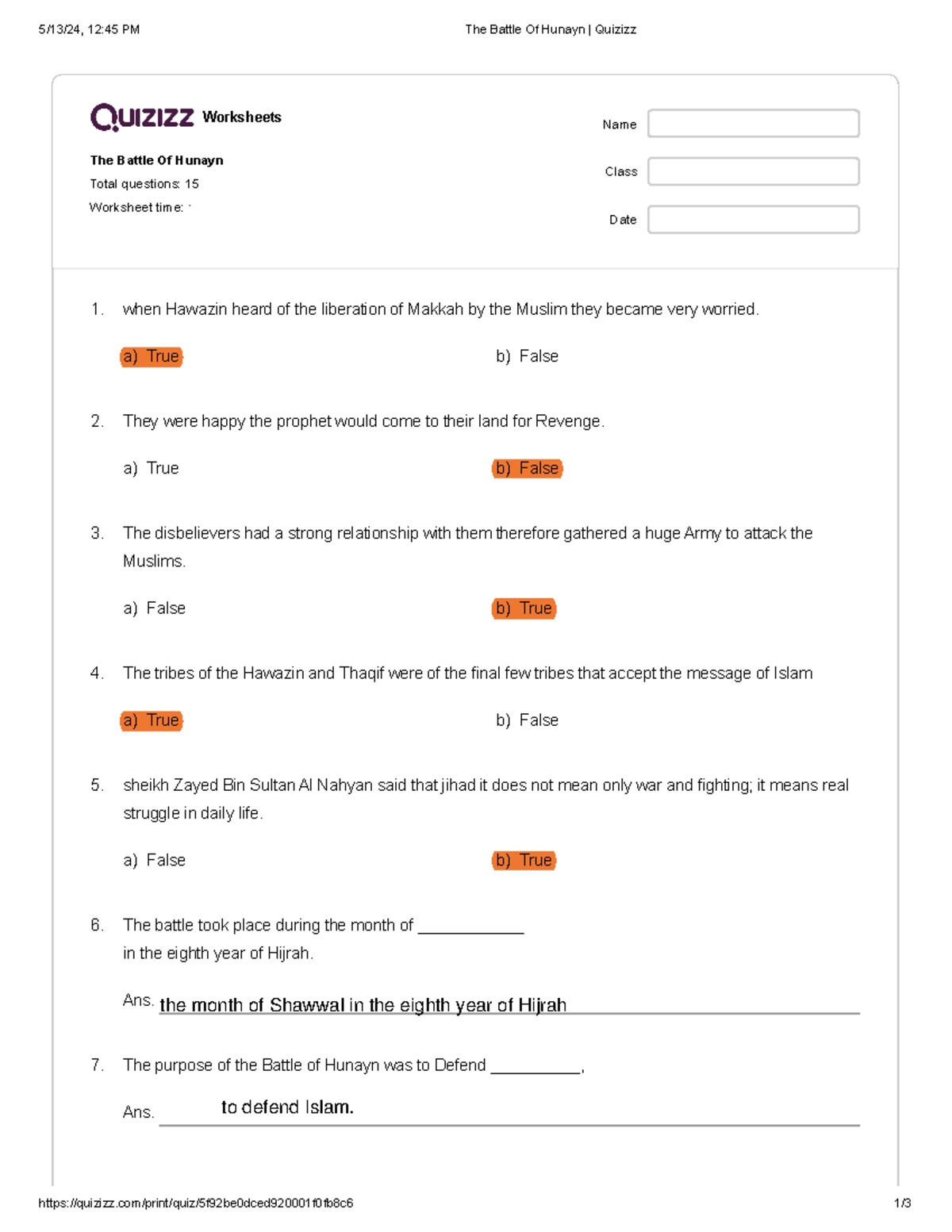 Battle of Hunayn Quizizz Questions & Answers - Worksheet 2 - Studocu