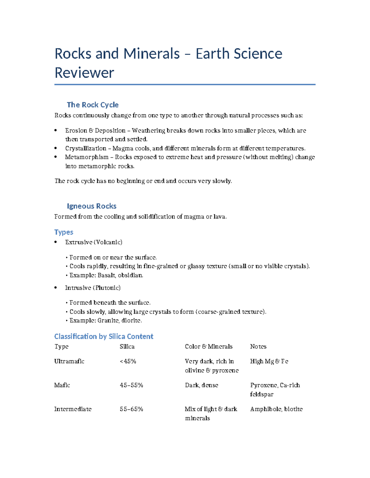 Earth Science Review: Rocks and Minerals Overview (ES 101) - Studocu