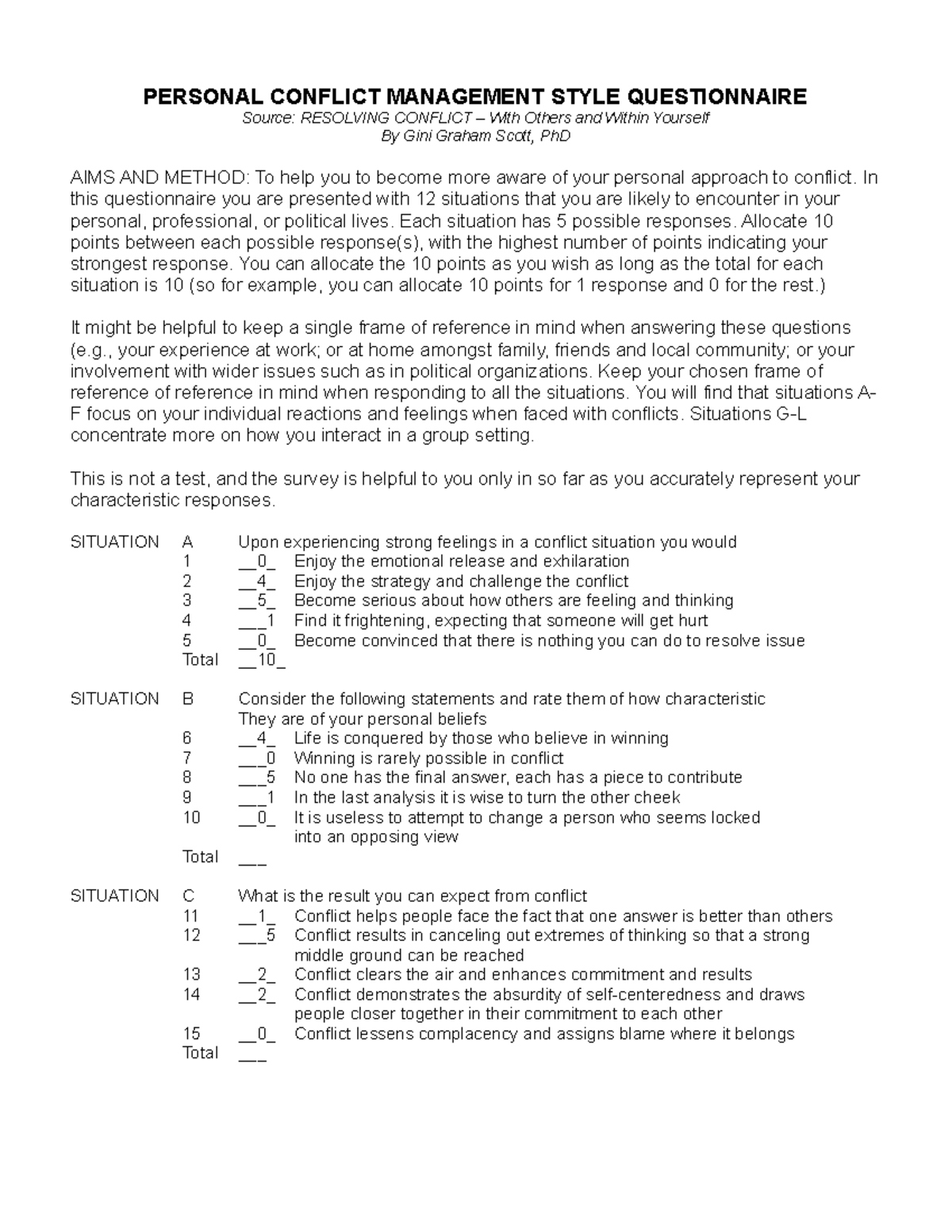 Conflict Management Style Questionnaire - PERSONAL CONFLICT MANAGEMENT ...