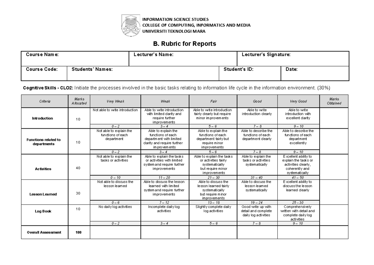 IMD310 - Rubric for Reports in Information Science Studies - Studocu