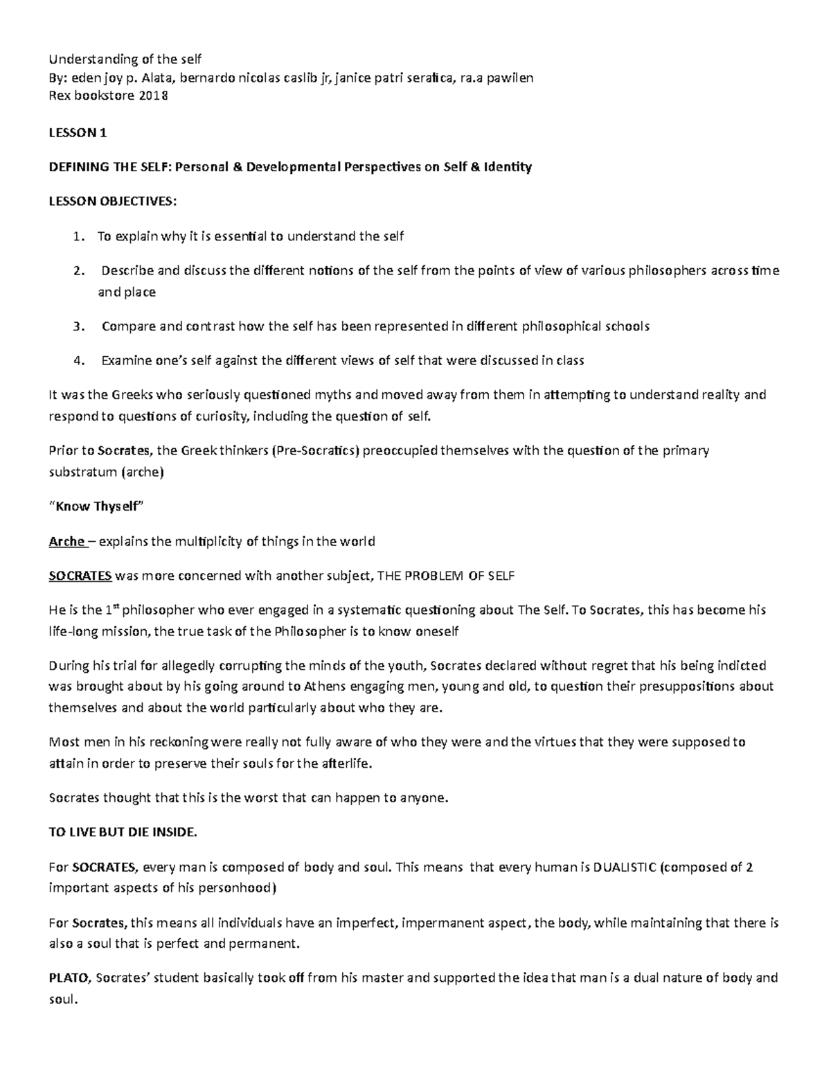 Lesson 1-3 DEFINING THE SELF: Personal & Developmental Perspectives on ...