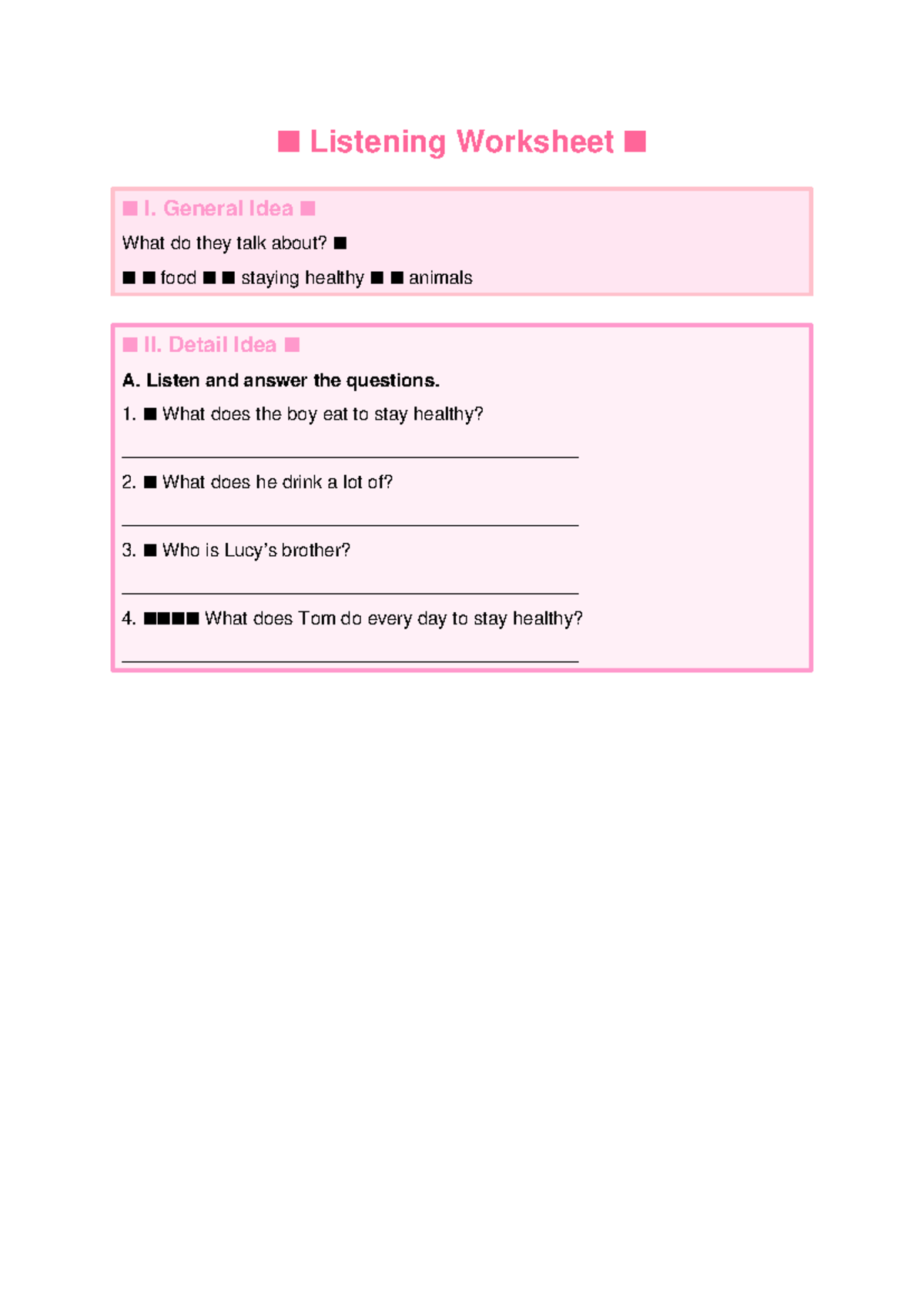 Cute listening worksheet icons - n Listening Worksheet n n I. General ...