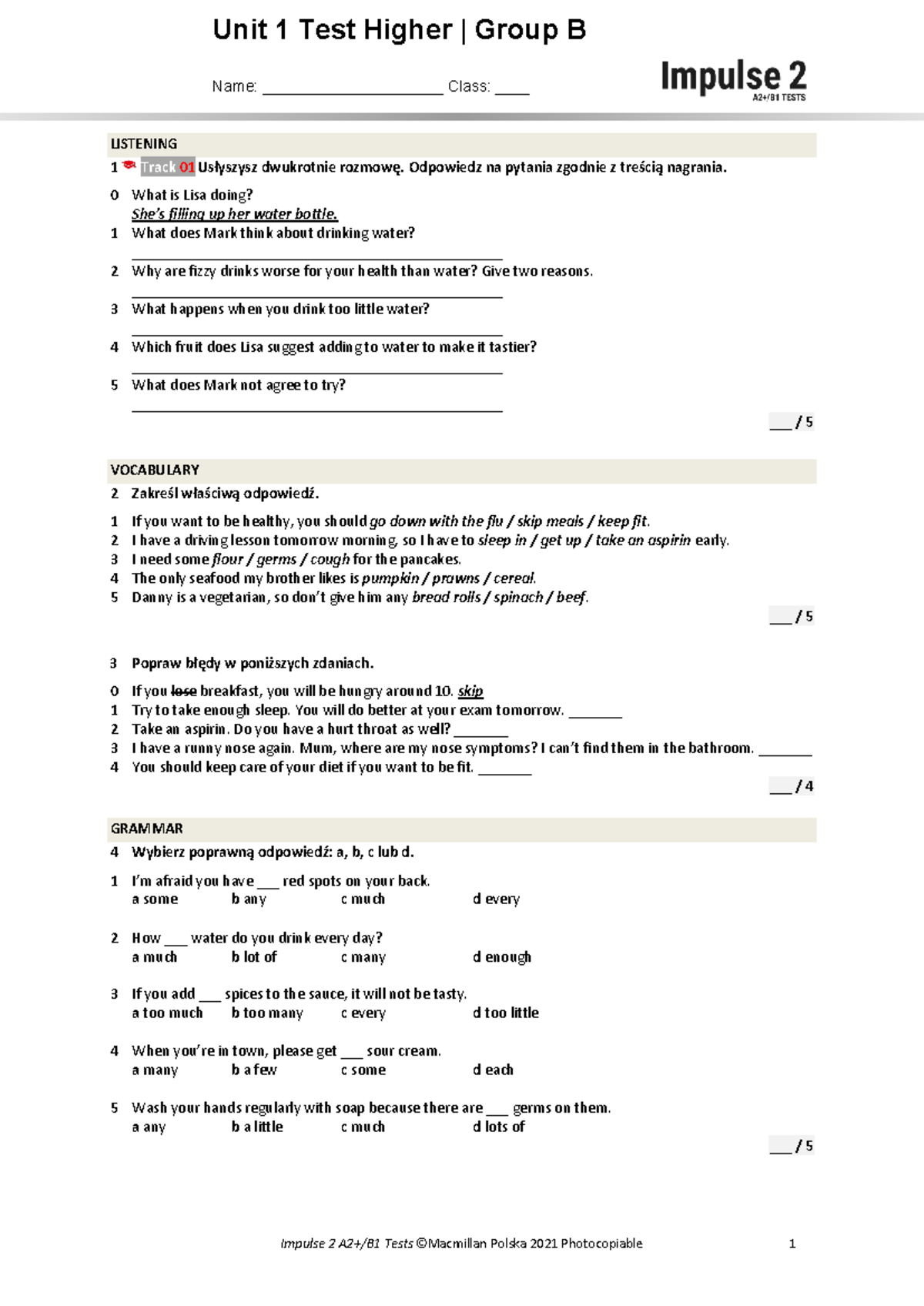 Unit 1 Test - Listening, Vocabulary, Grammar & Speaking - Group B - Studocu