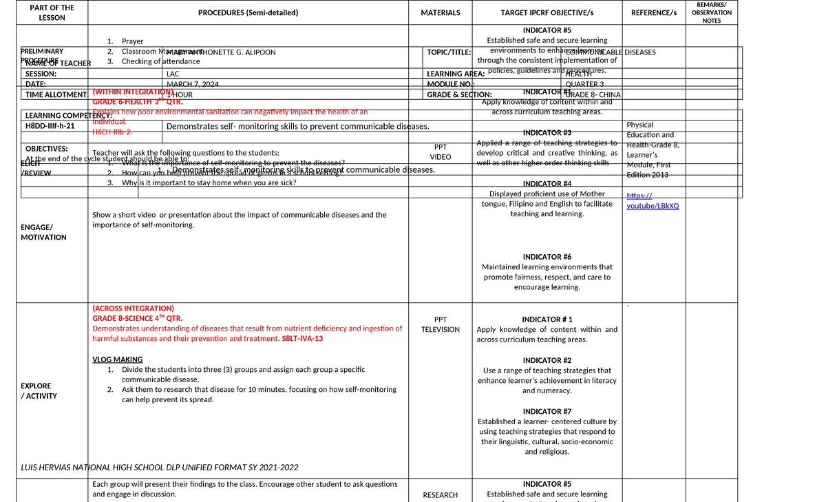 DAILY PLAN FORMAT - NAME OF TEACHER MARY ANTHONETTE G. ALIPOON TOPIC ...