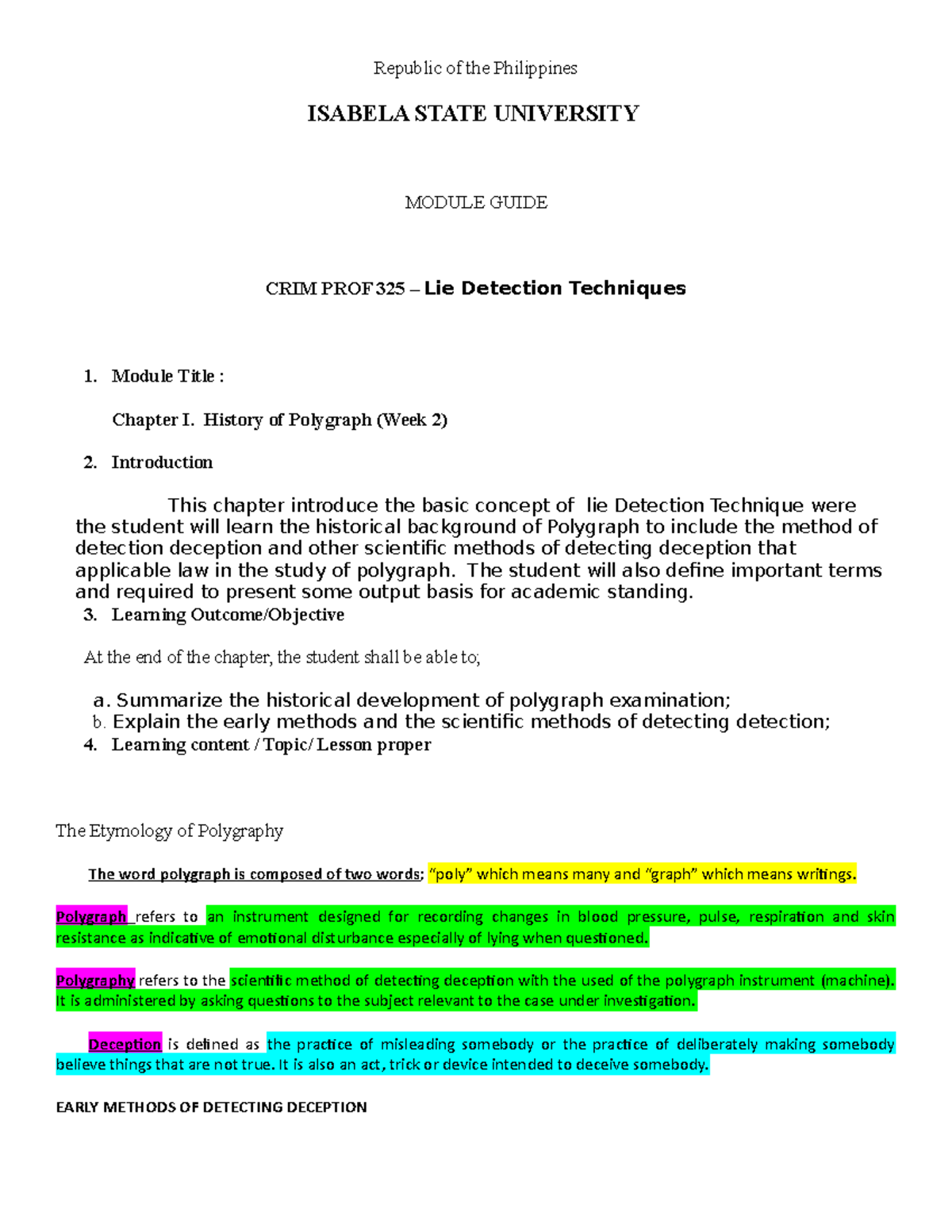 CRIM PROF 325 - Module on Lie Detection Techniques and Polygraph History - Studocu