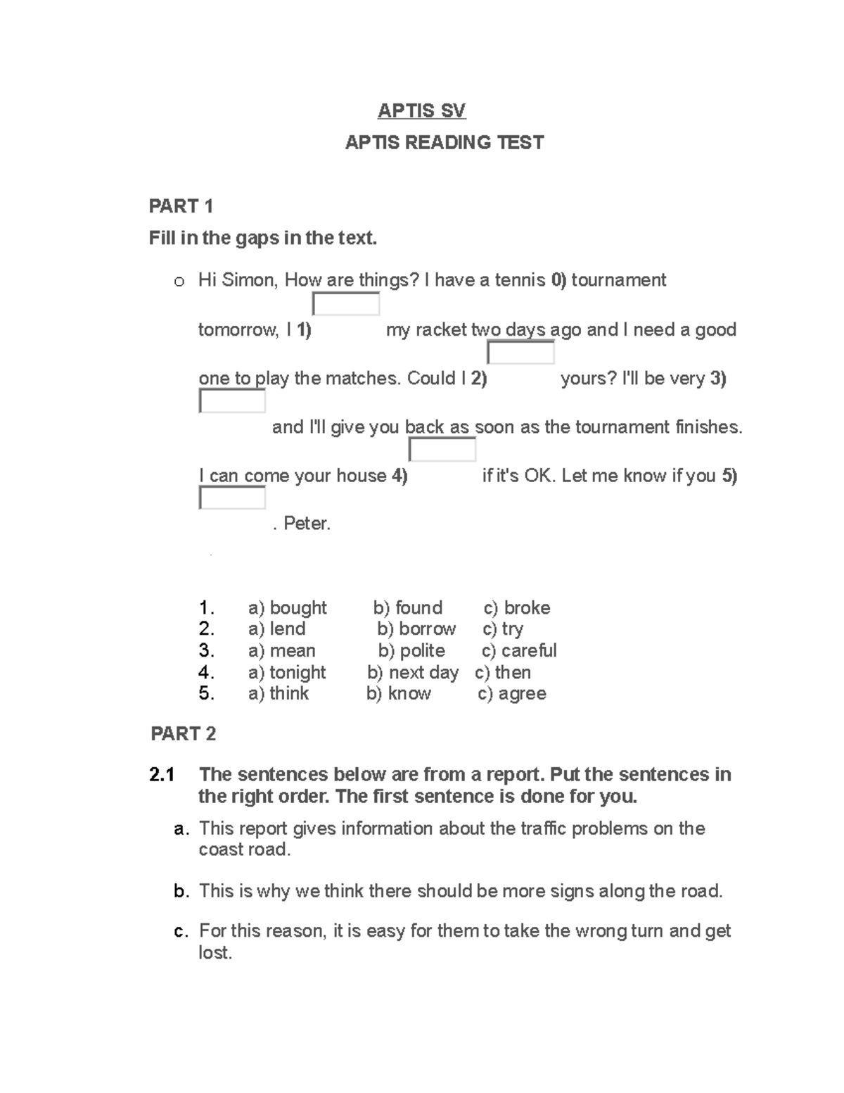 APTIS Reading Test: Gap Fill and Report Order Exercise - Studocu