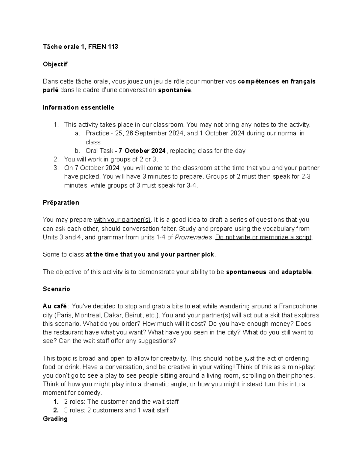 FREN 113 - Oral Task 1 - oral task - Tâche orale 1, FREN 113 Objectif ...