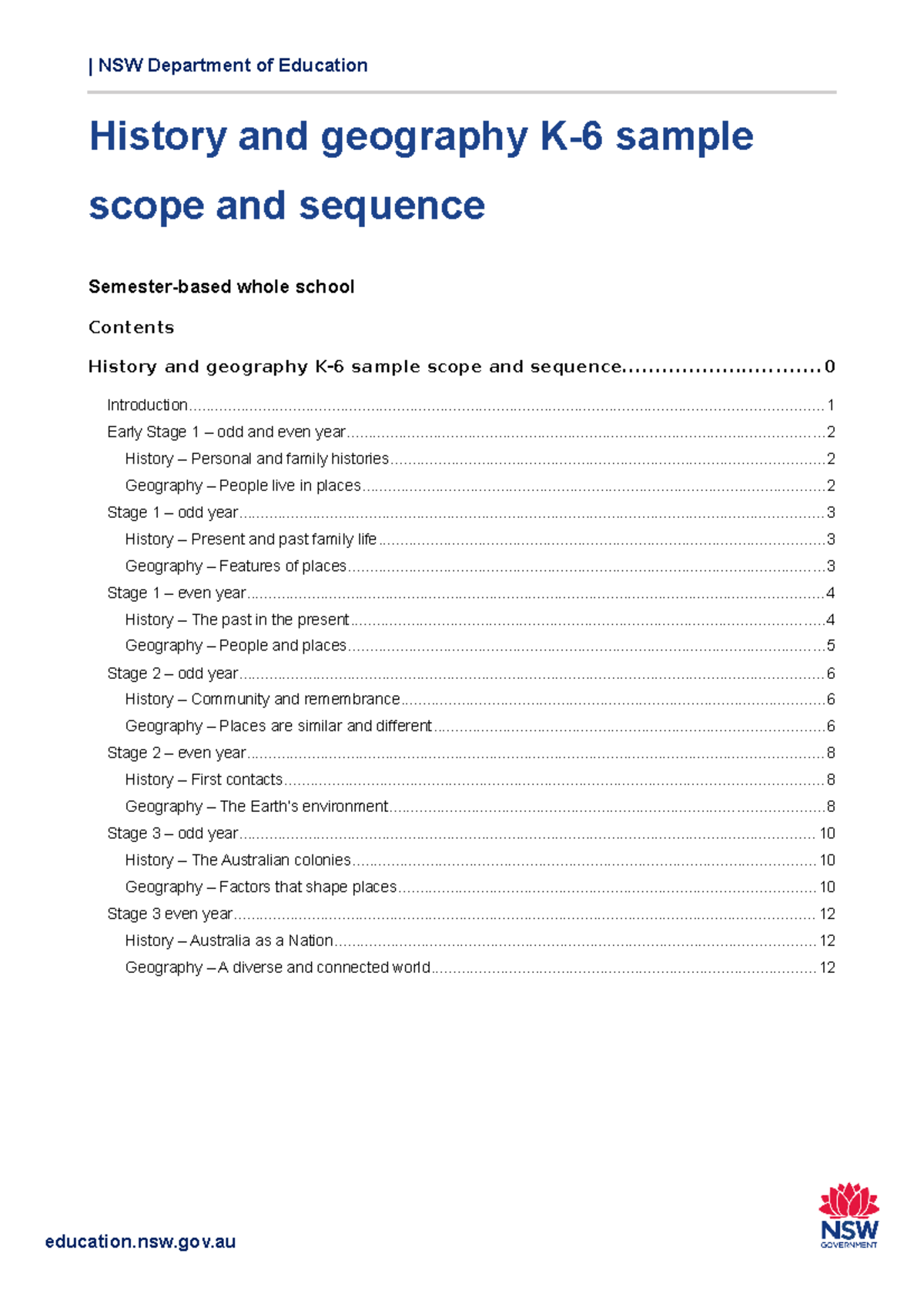 History and Geography K-6 Sample Scope & Sequence Overview (ES1-S3 ...