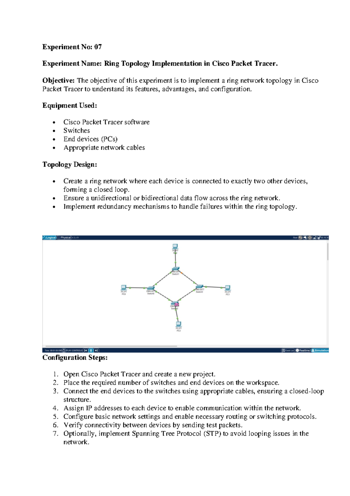 Lab 07: Ring Topology Implementation in Cisco Packet Tracer - Studocu