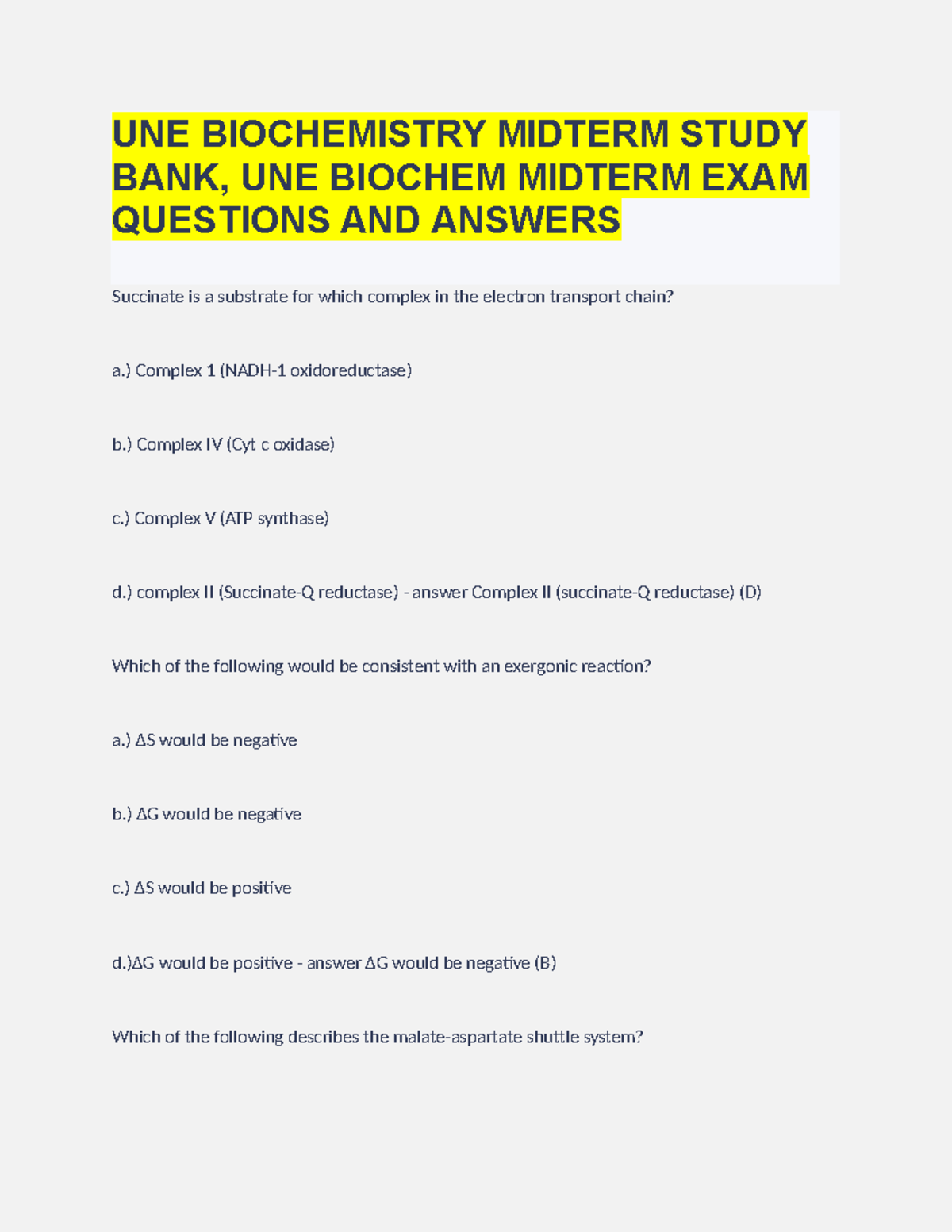 UNE Biochemistry Midterm Study Guide: Key Exam Questions & Answers ...