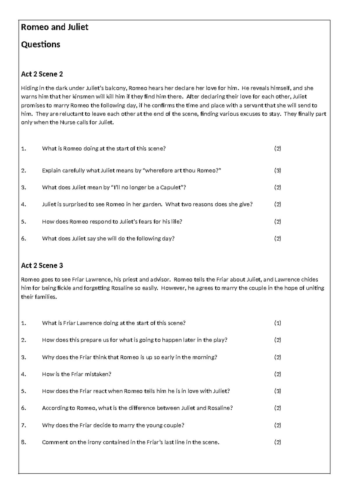 Romeo and Juliet Act 2 Scenes 2 & 3: Key Questions & Analysis - Studocu