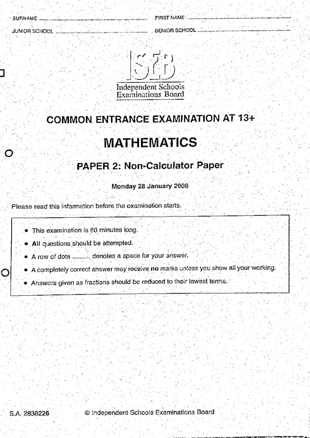 AA ISEB 2008 Common Entrance Mathematics Paper 2 Exam - Studocu