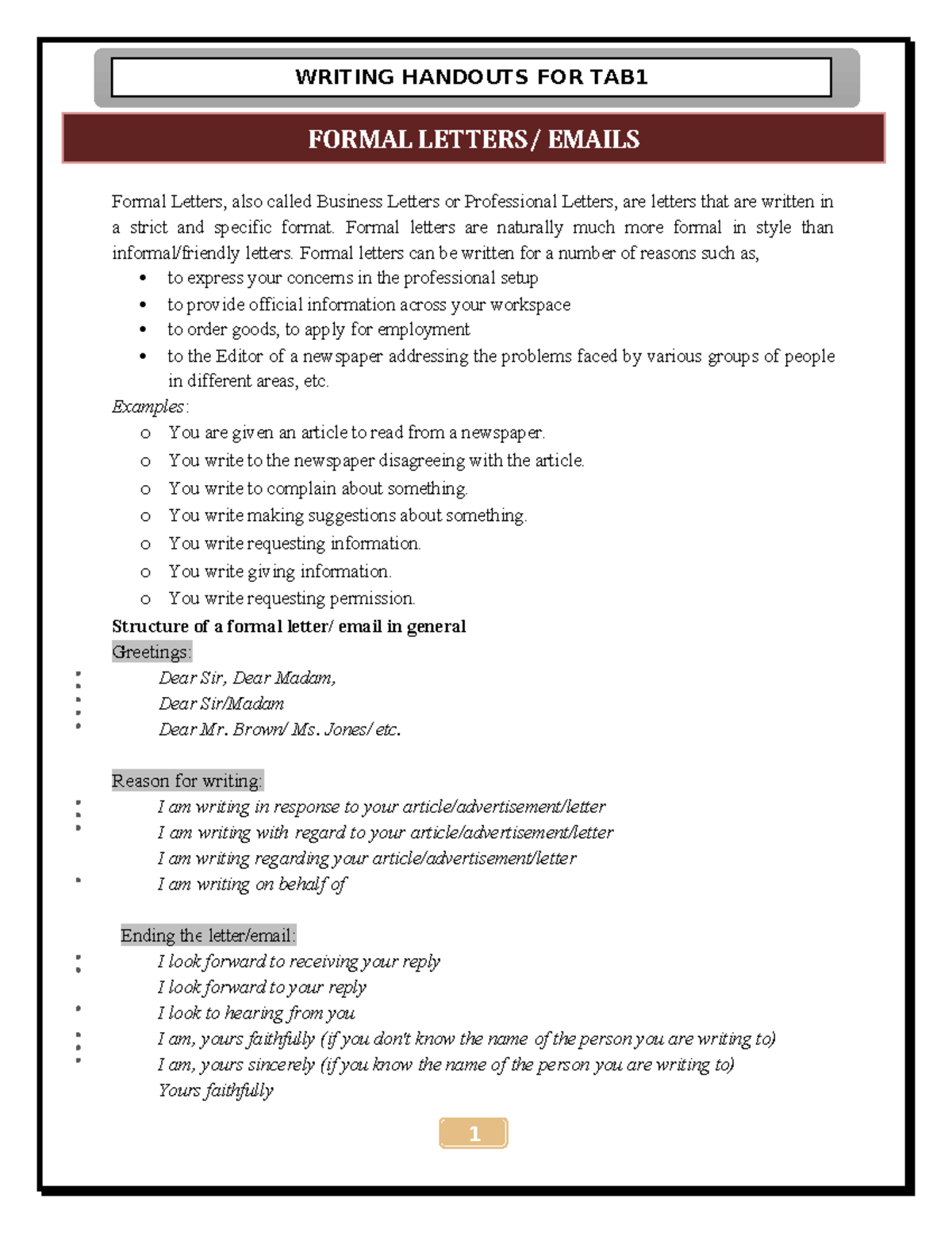 T04 Formal Letters and Emails: Structure and Writing Tips - Studocu