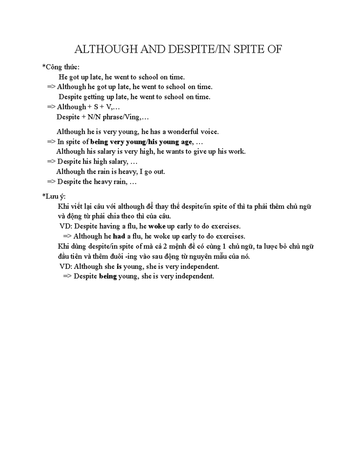 Although and Despite: Sentence Structure Guide - Studocu