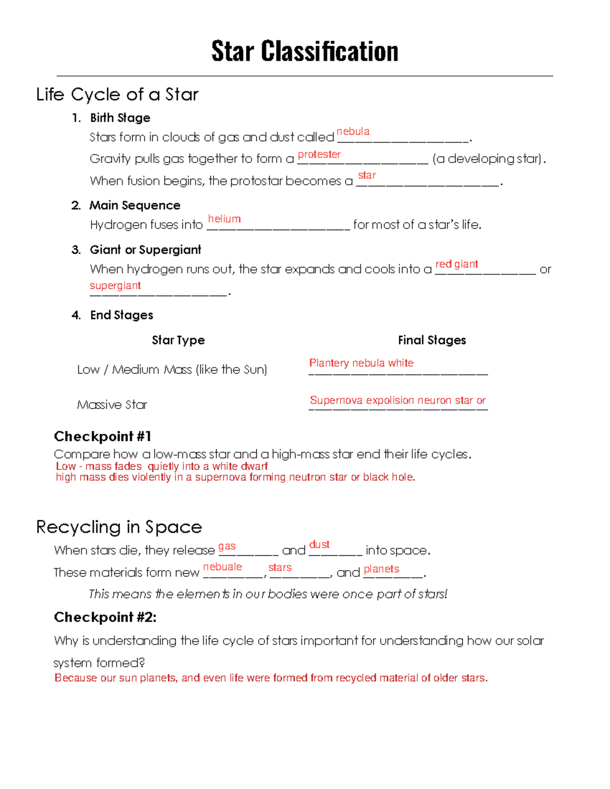 Star Classification: Life Cycle of Stars (ASTR 101) - Studocu