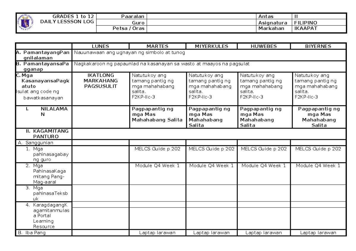 DLL- Filipino-Q4W1 DONE - GRADES 1 to 12 DAILY LESSSON LOG Paaralan ...