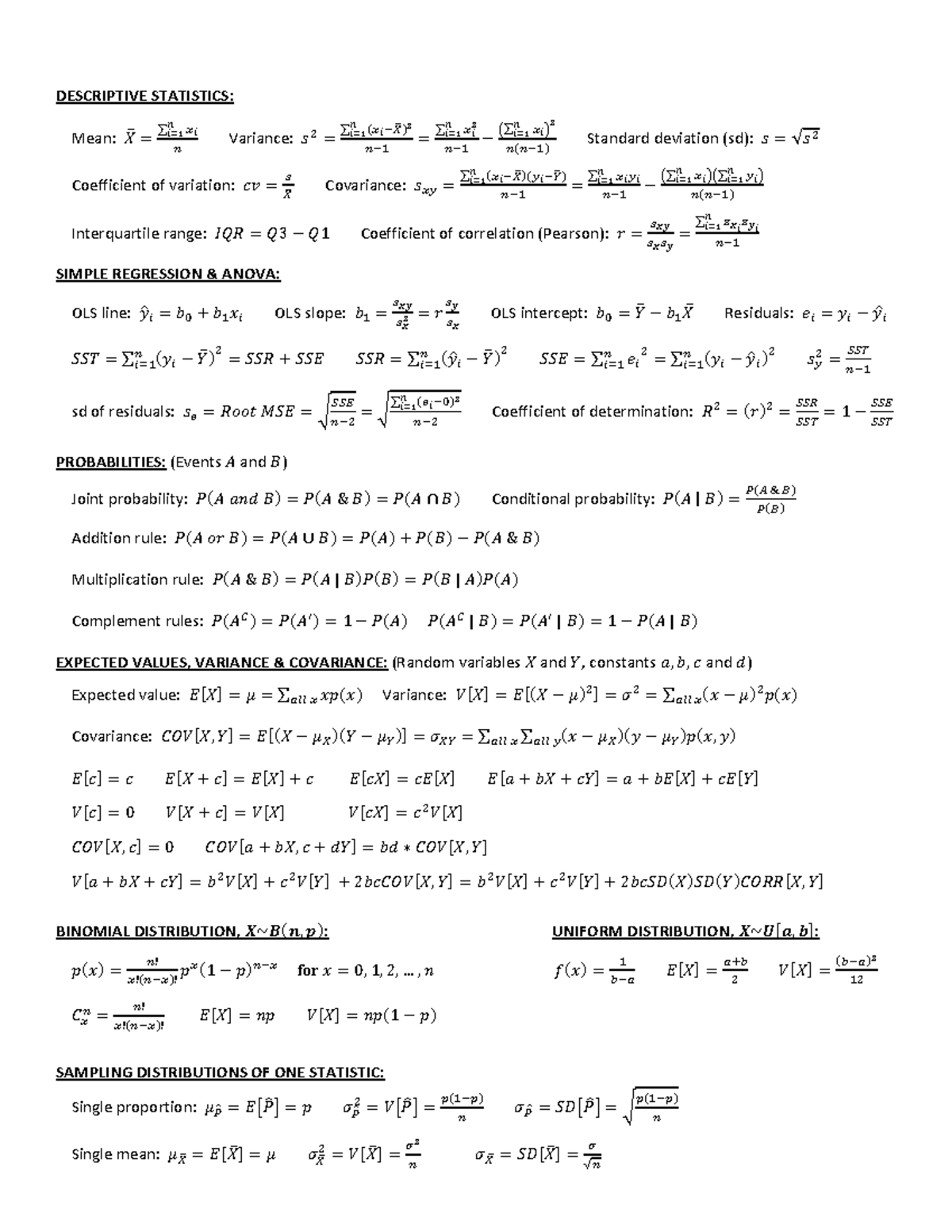 Descriptive Statistics and Simple Regression Concepts (AID) - Studocu