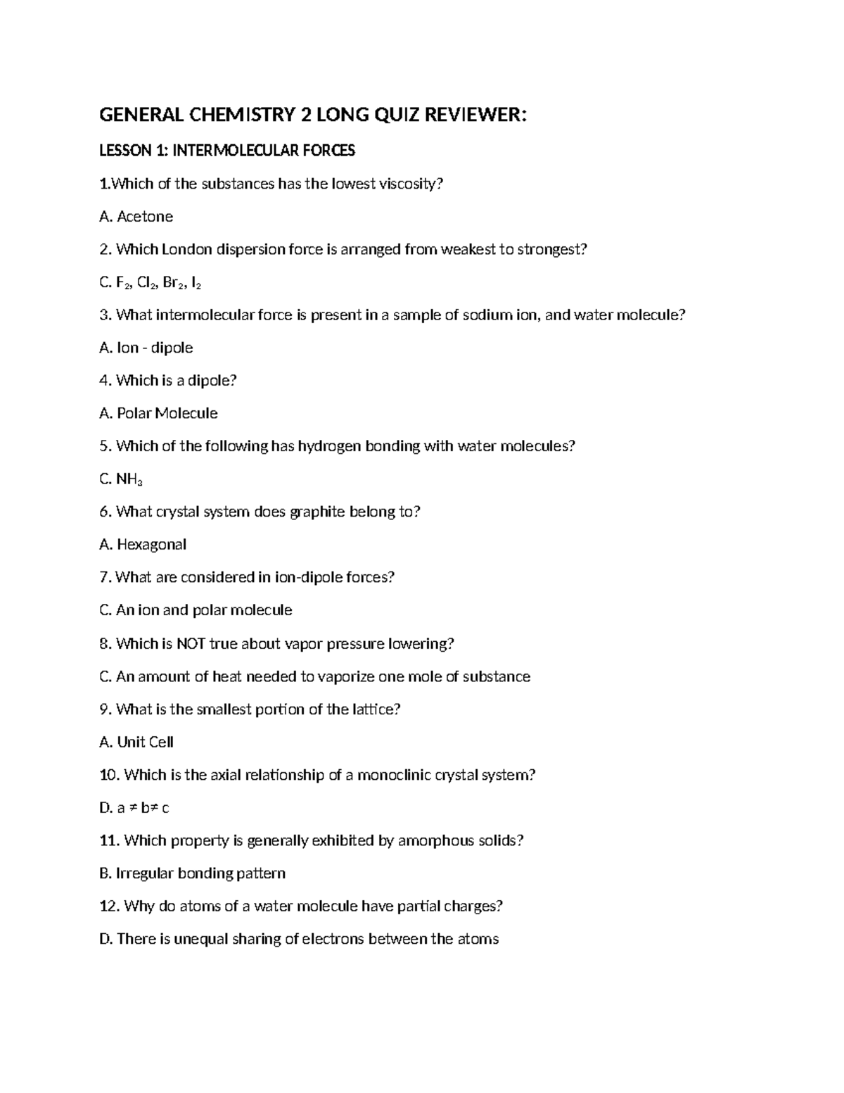 General Chemistry 2 Long Quiz Reviewer: Intermolecular Forces Insights ...