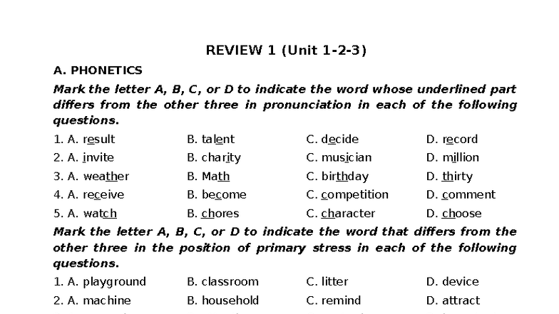 Review 1 (Units 1-2-3) - Phonetics, Vocabulary, and Grammar - Studocu