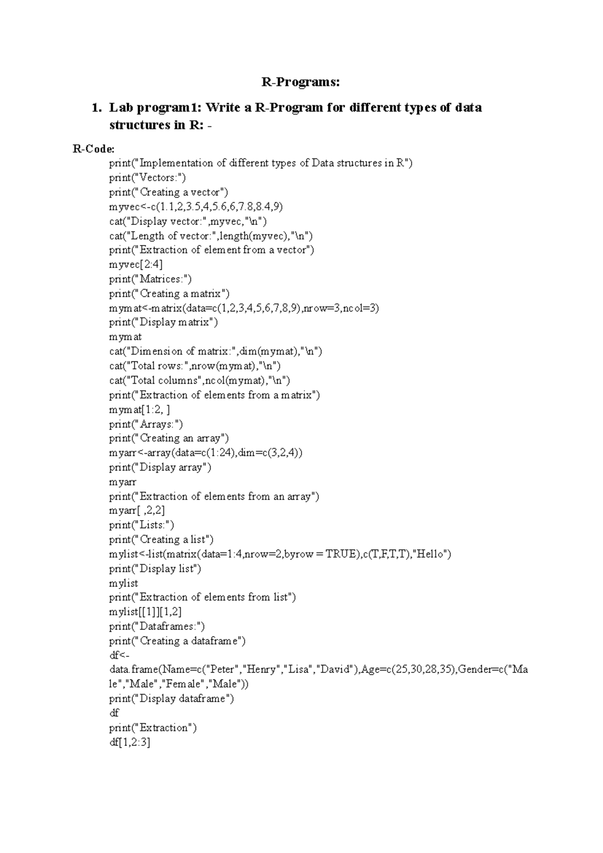 Lab Programs in R: Data Structures, Operators & Linear Regression - Studocu