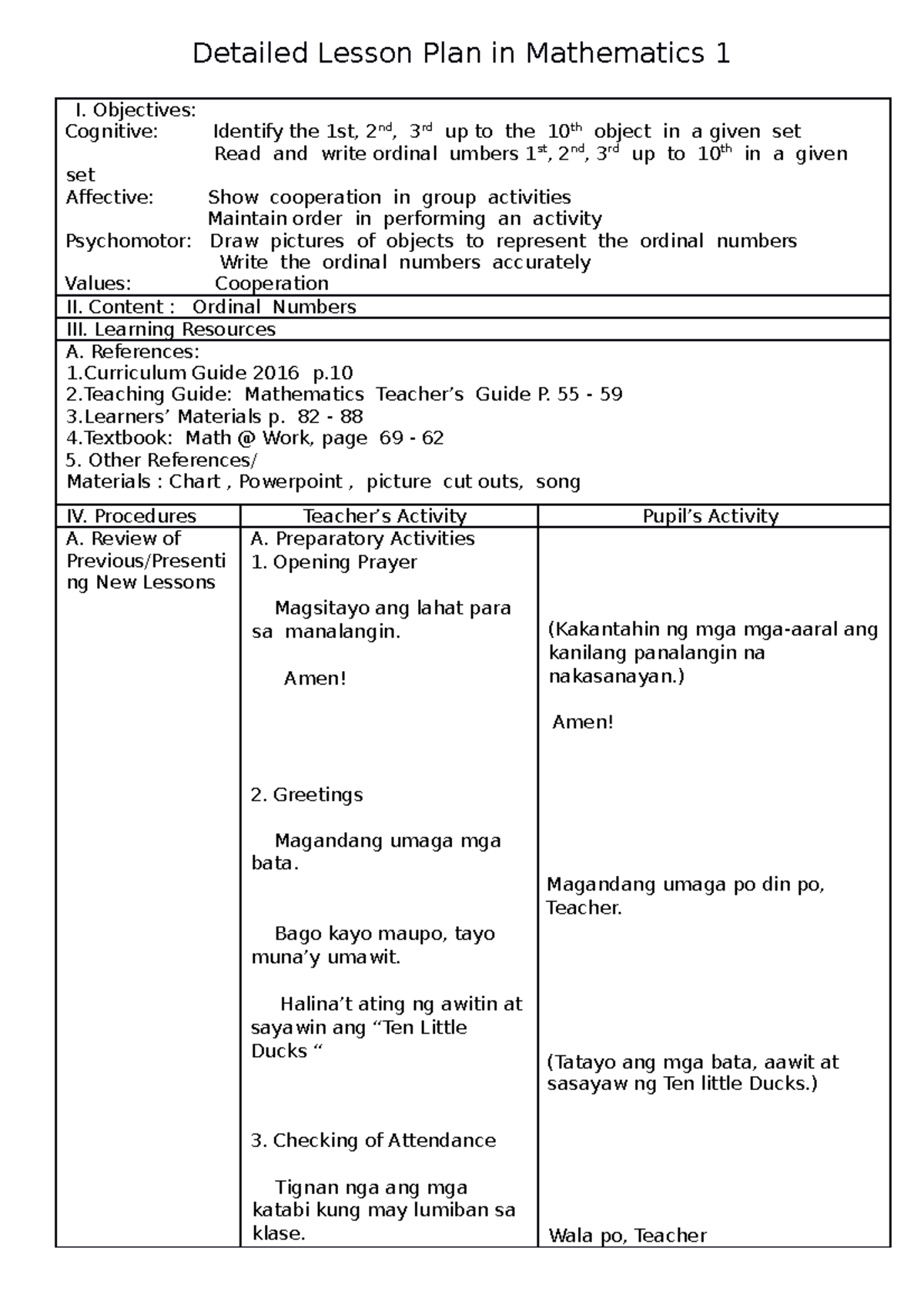 Detailed Lesson Plan: Ordinal Numbers in Math 1 - Studocu