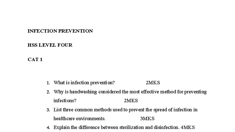 HSS L4 Infection Prevention CAT 1: Key Concepts & Practices - Studocu