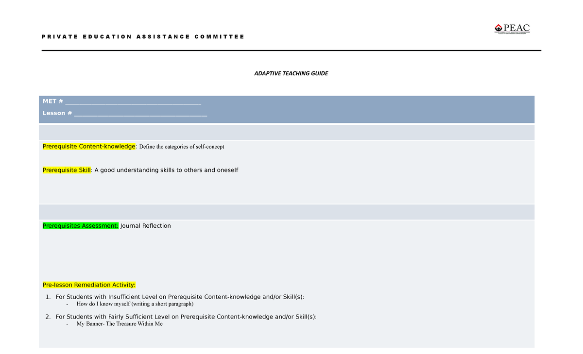 Adaptive Teaching Guide Template - ADAPTIVE TEACHING GUIDE MET # - Studocu