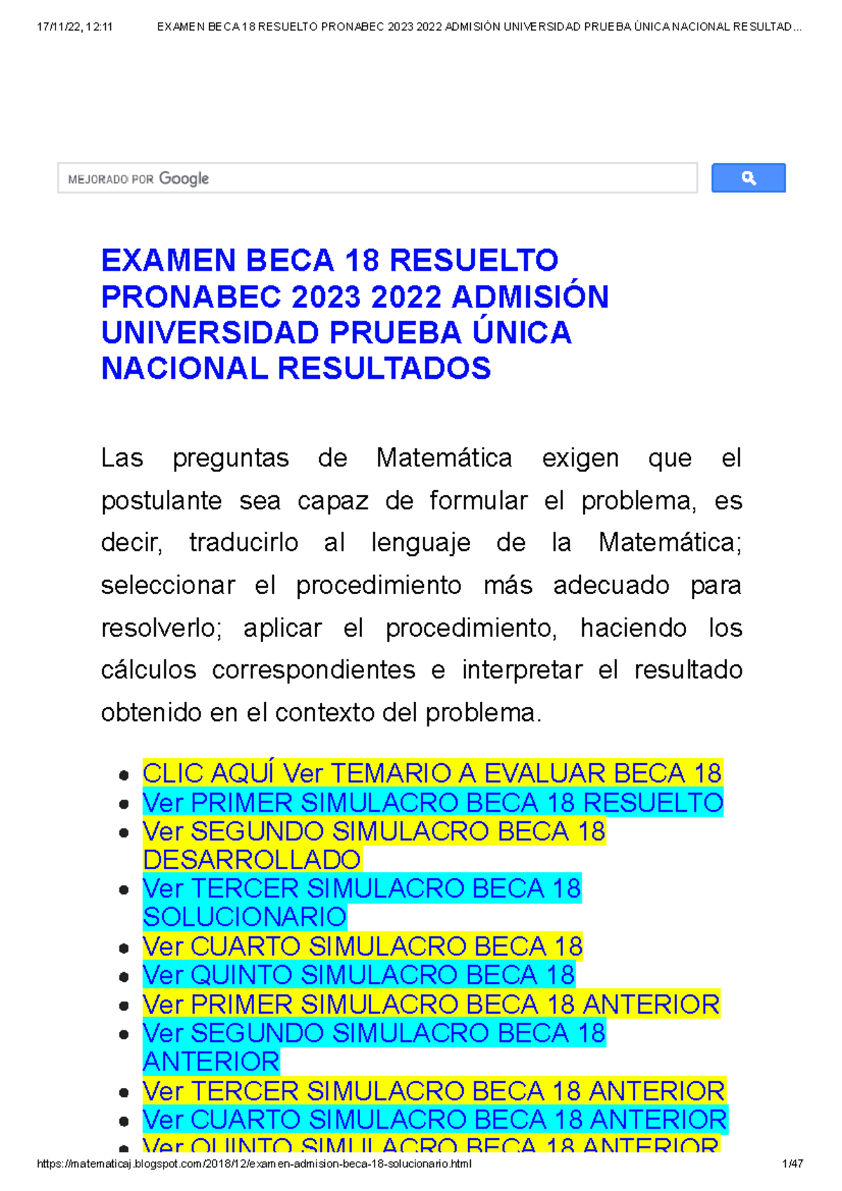 Examen BECA 18 Resuelto Pronabec 2023 2022 Admisión Universidad Prueba Única Nacional Resultados ...