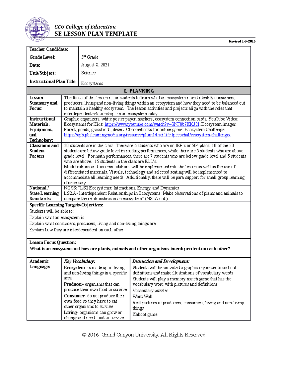 5E Benchmark mini lesson plan - GCU College of Education 5E LESSON PLAN ...