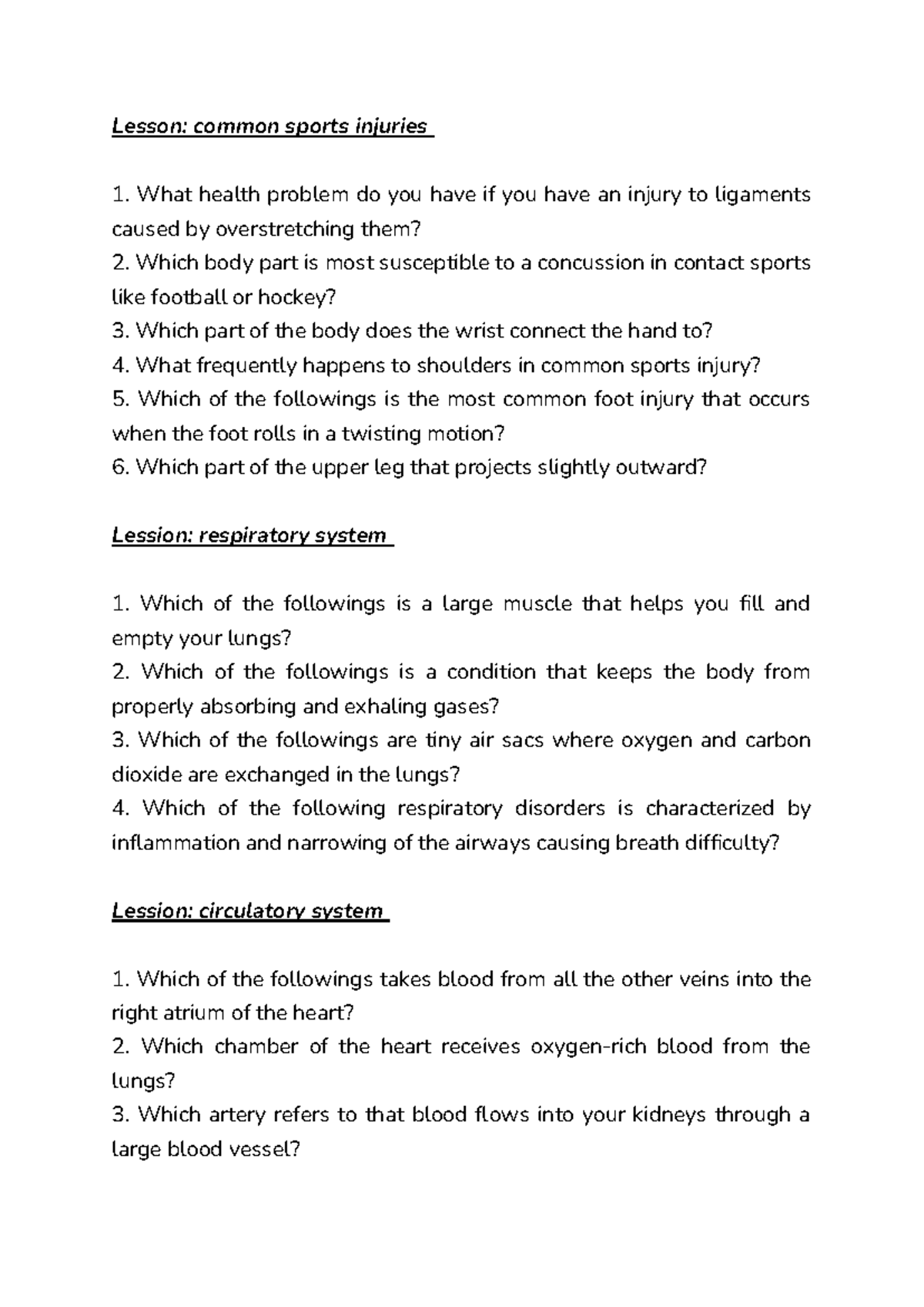 Lesson: Common Sports Injuries and Body Systems Overview - Studocu