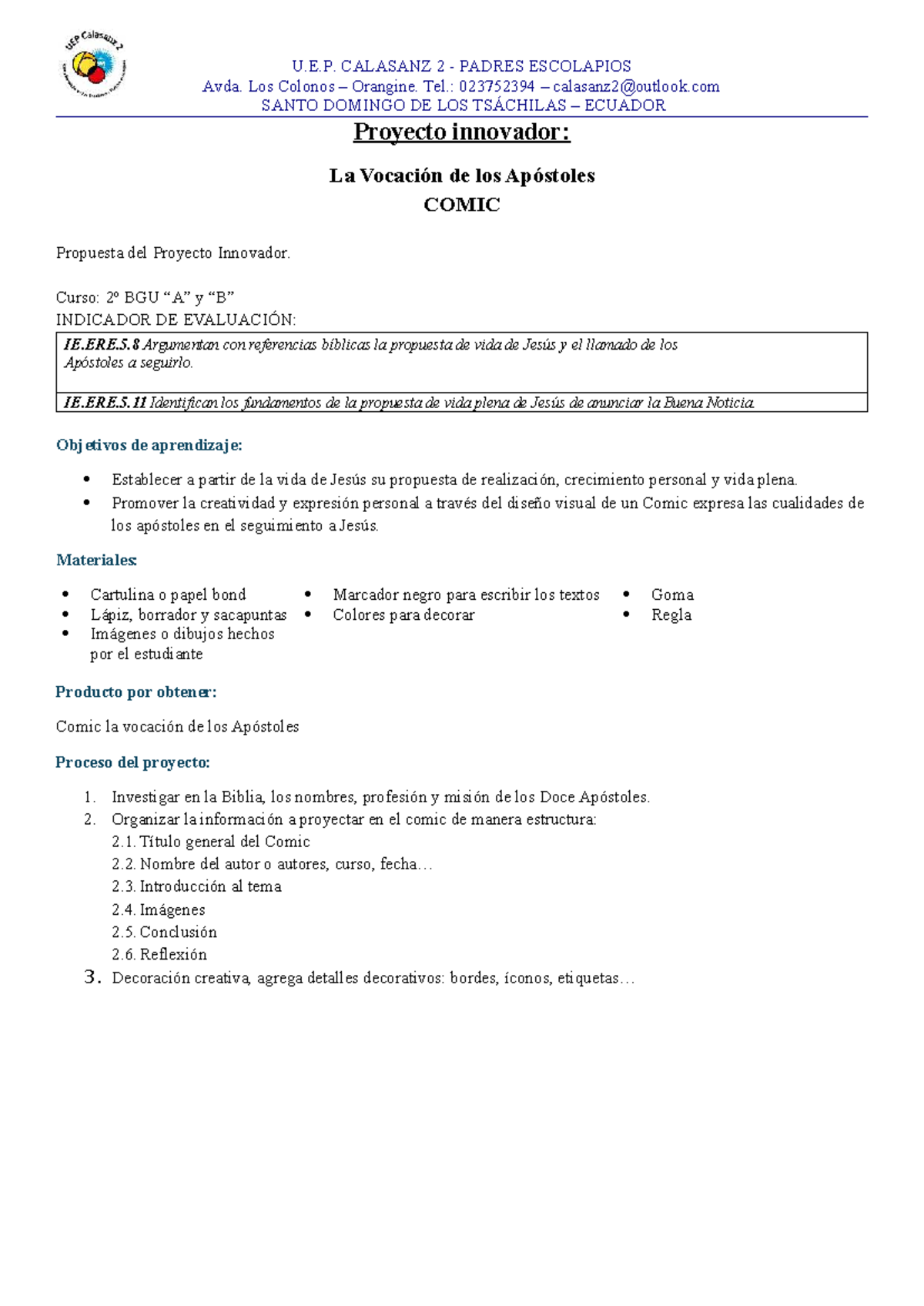 Proyecto Innovador: La Vocación de los Apóstoles - 2º BGU - Studocu