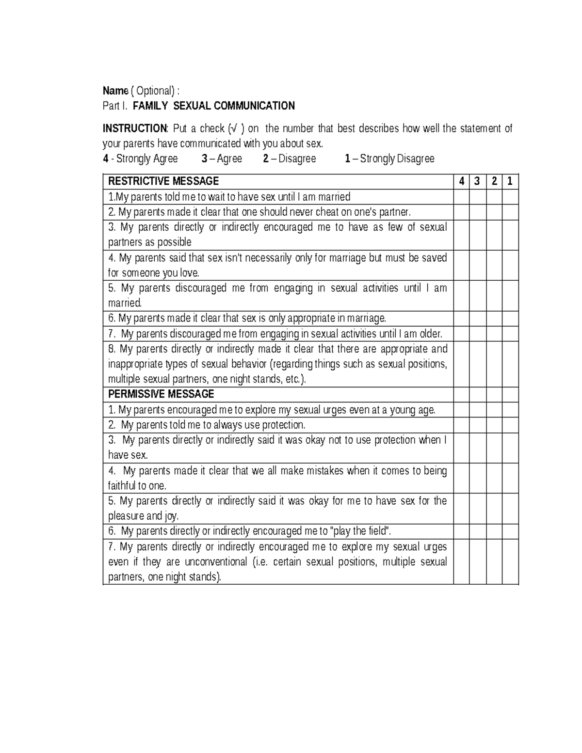 Survey Questionnaire - Name ( Optional) : Part I. FAMILY SEXUAL ...